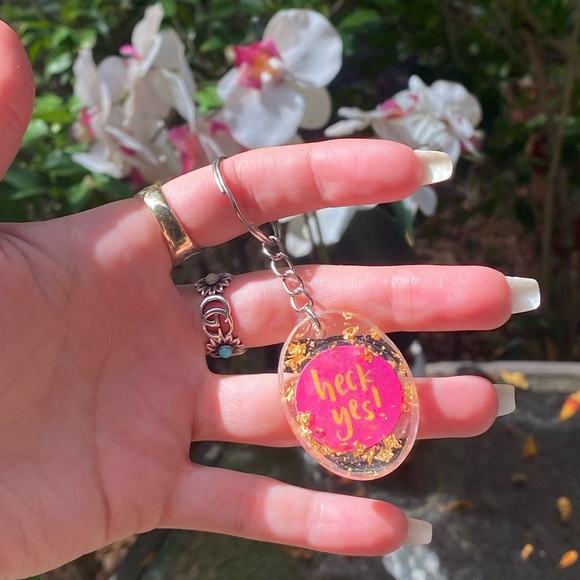 Accessories | Pink Cartoon Heck Yes Gold Flakes Silver Hardware Resin ...